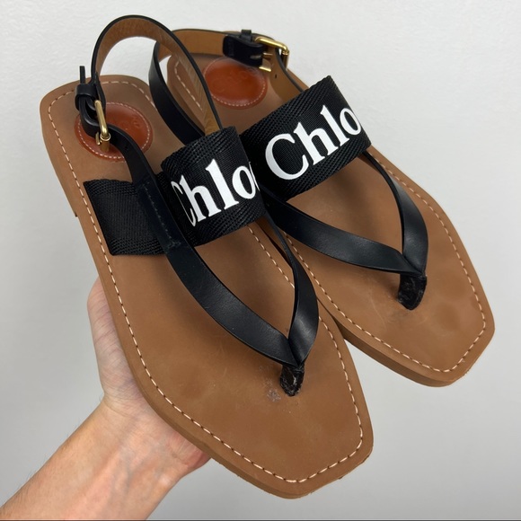 Chloe | Shoes | Chlo Woody Logo Square Toed Thong Leather Sandals ...